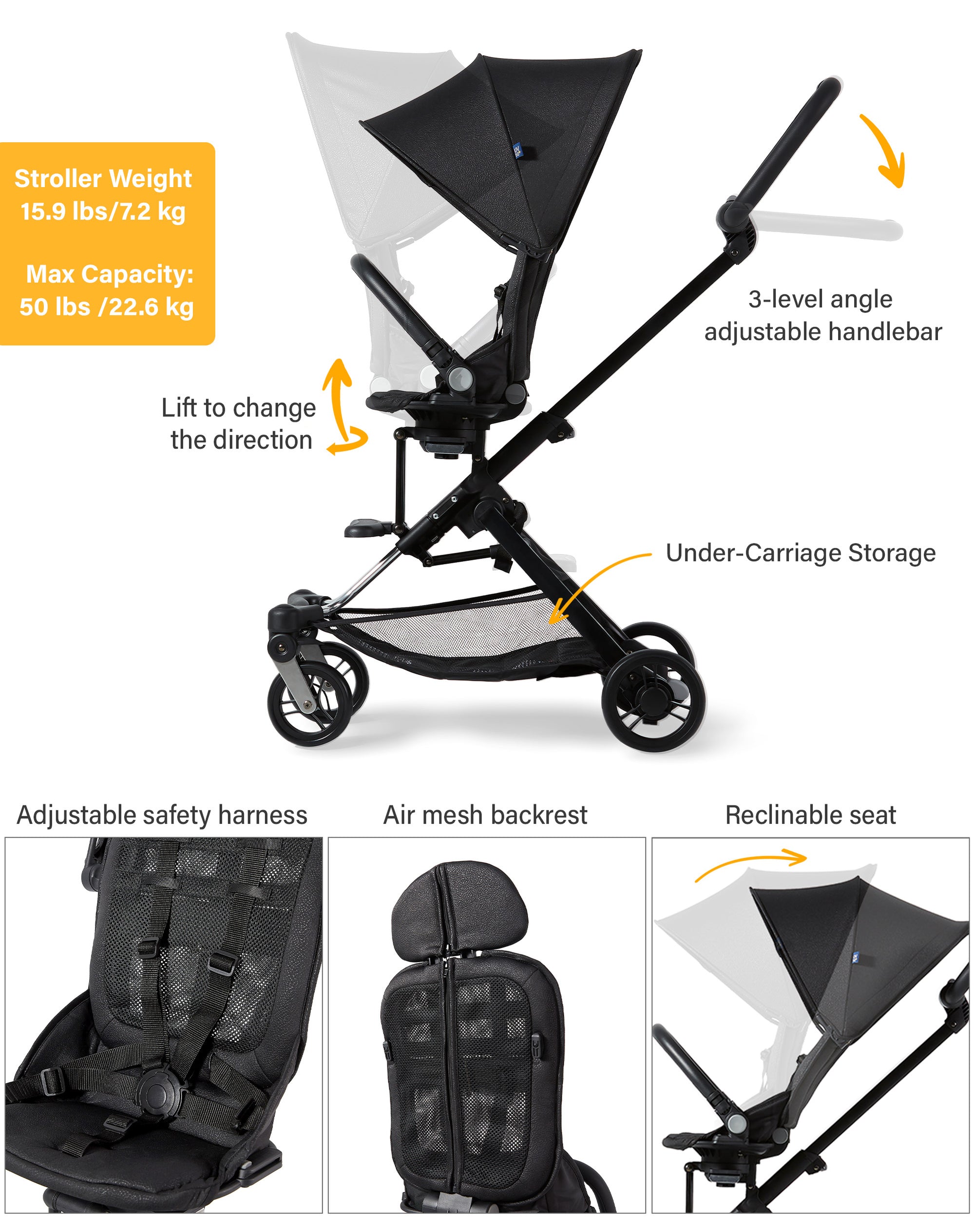 Unilove On The Go 2-in-1 Lightweight Stroller, Bubble Black — Voltz Toys